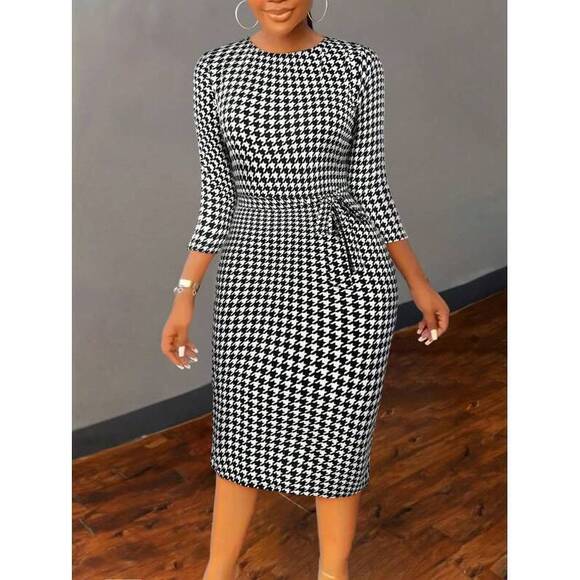 Dresses | New Unity Elegant Bodycon Dress With Belt And Chic Bird Check ...